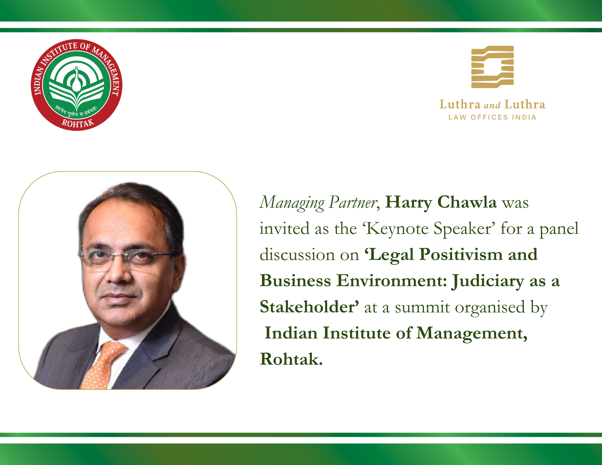 Managing Partner, Harry Chawla invited by IIM Rohtak - Luthra and Luthra